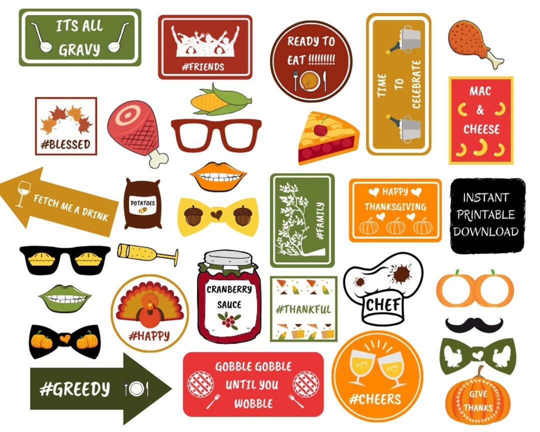 34 Piece - Printable Thanksgiving Photo Booth Props, Friendsgiving ...