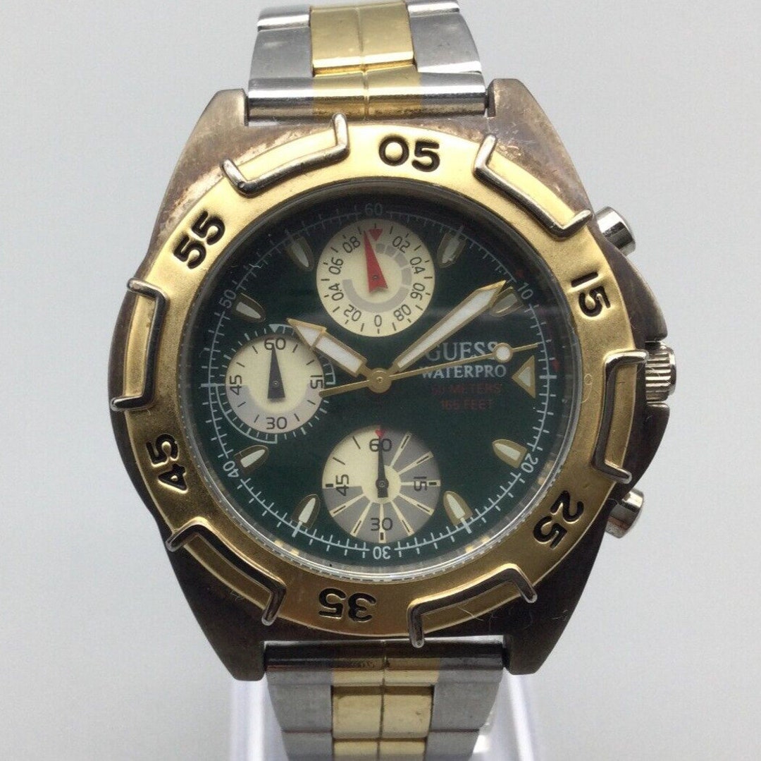 Vintage Guess Waterpro Chronograph Watch Men Silver Gold Tone New ...