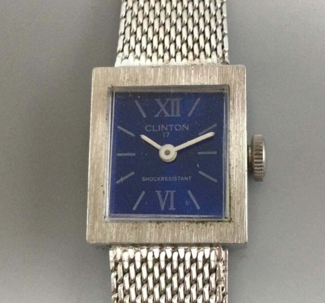 Vintage Clinton Watch Women Gold Tone Square Blue Dial Manual Wind ...