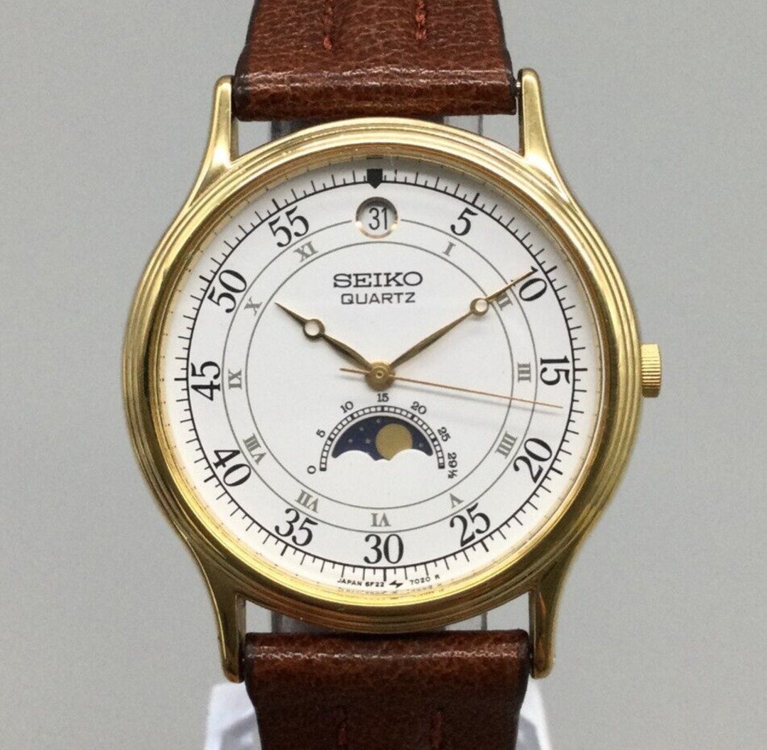 Vintage Seiko Moon Phase Watch Men Gold Tone 6f22-7009date Leather New ...