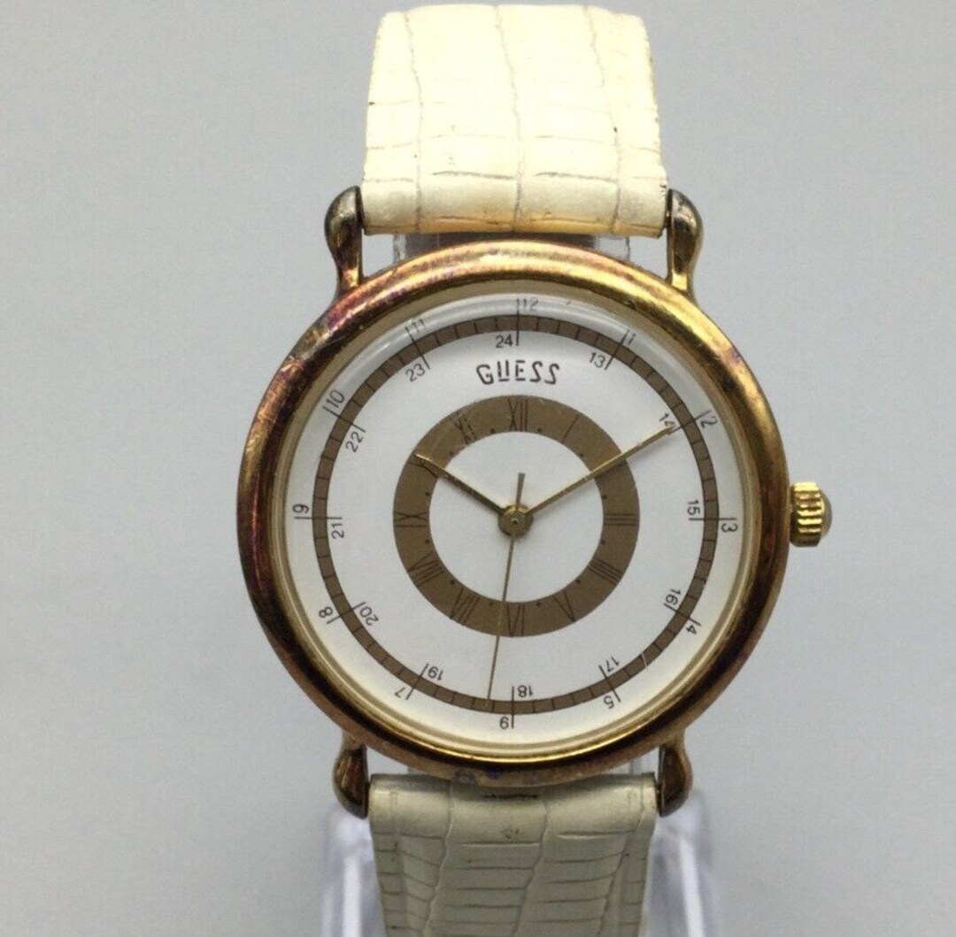 Vintage Guess Watch Women Gold Tone 33mm 1986 White Leather Band New ...
