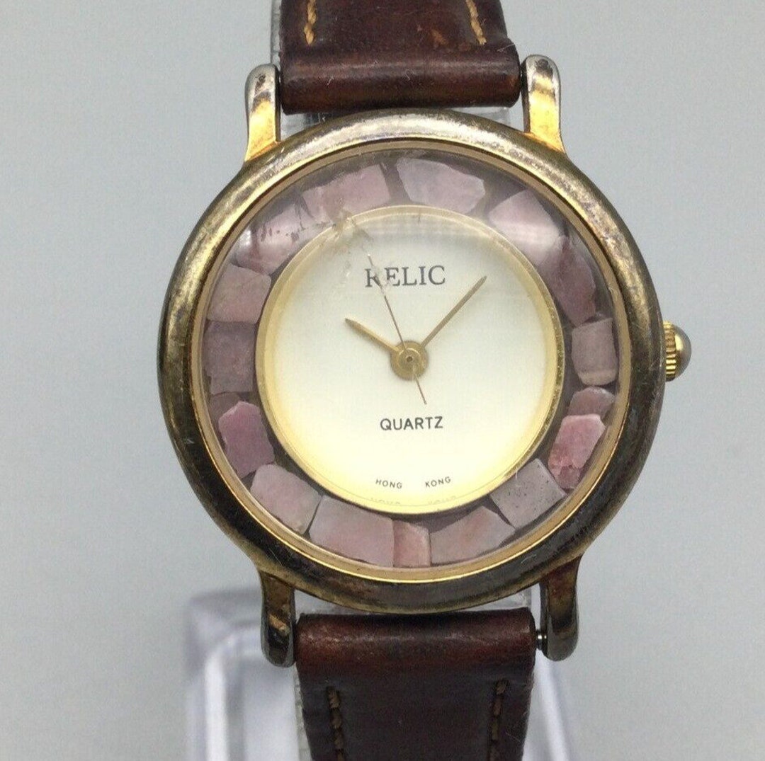 Vintage Relic Watch Women Gold Tone Pink Stone Bezel Brown Band New ...