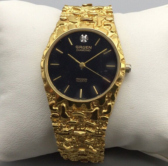 Vintage Gruen Diamond Watch Men 32mm Gold Tone Nugget… - Gem