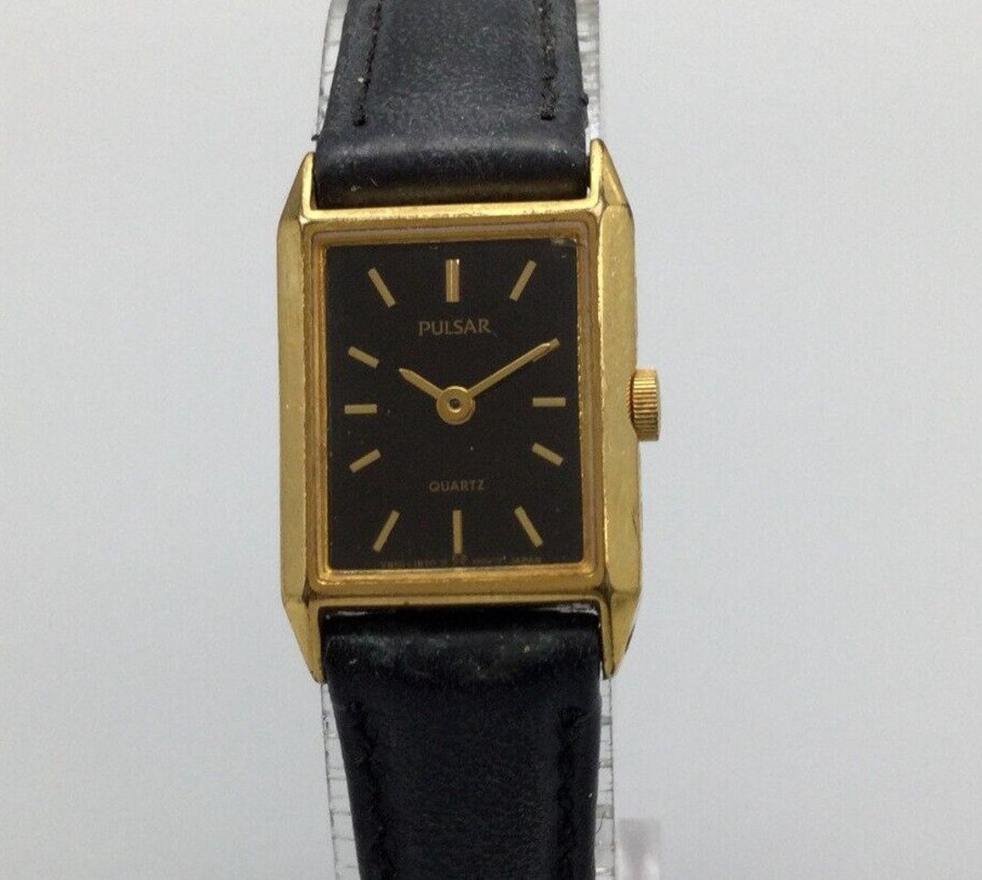 Vtg Pulsar Tank Watch Women Gold Tone V810-5570 Black Leather Band New ...