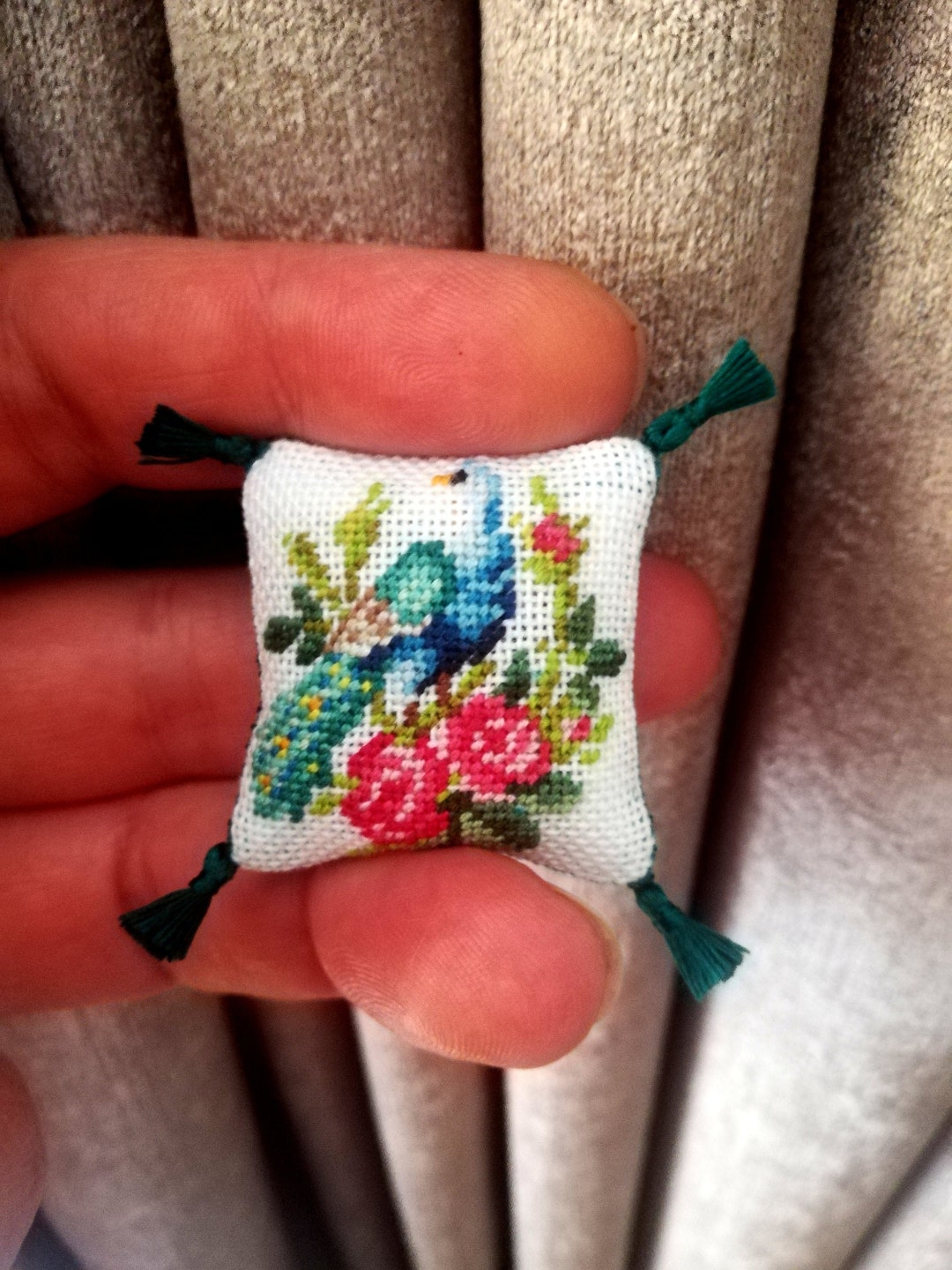 Miniature Embroidered Pillow for Doll, 1:12 Scale Dollhouse Cushion ...