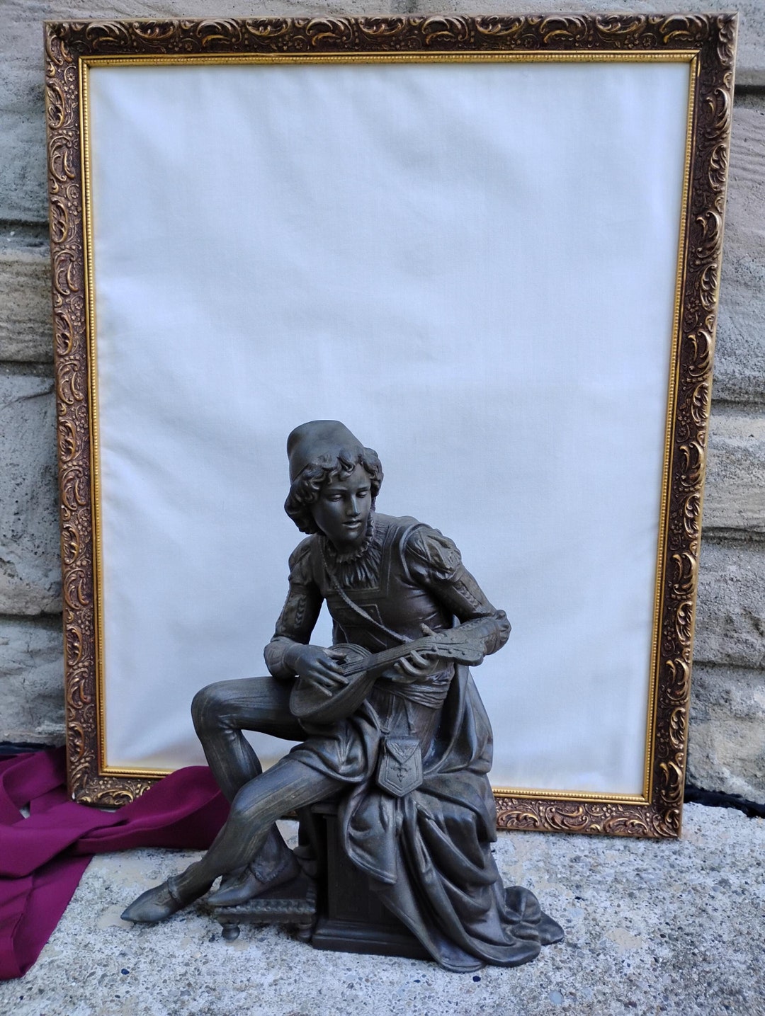Antique French Spelterware Cast Metal Seated Lute Player Figure Clock ...