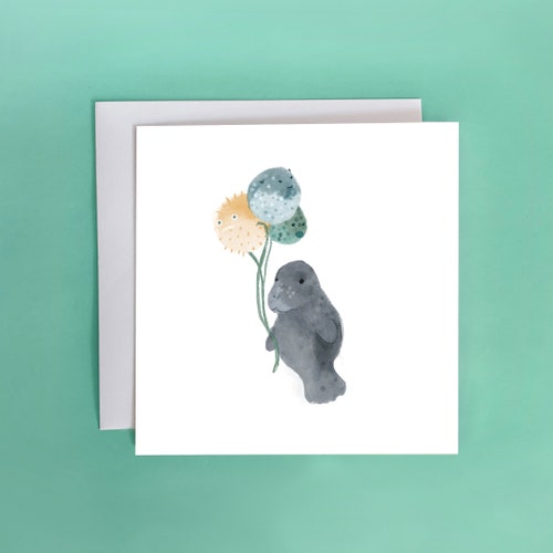 Dolphin and Manatee Happy Birthday Card W/ Cake Floating in - Etsy