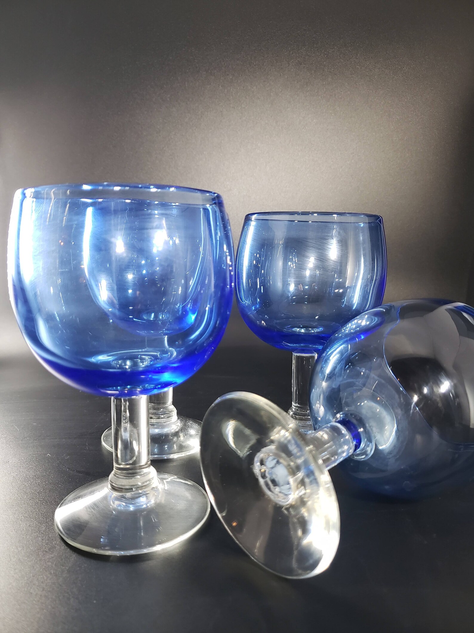 Set of 4 Vintage Light Cobalt Blue Glass Goblets With Clear Stems Hand ...