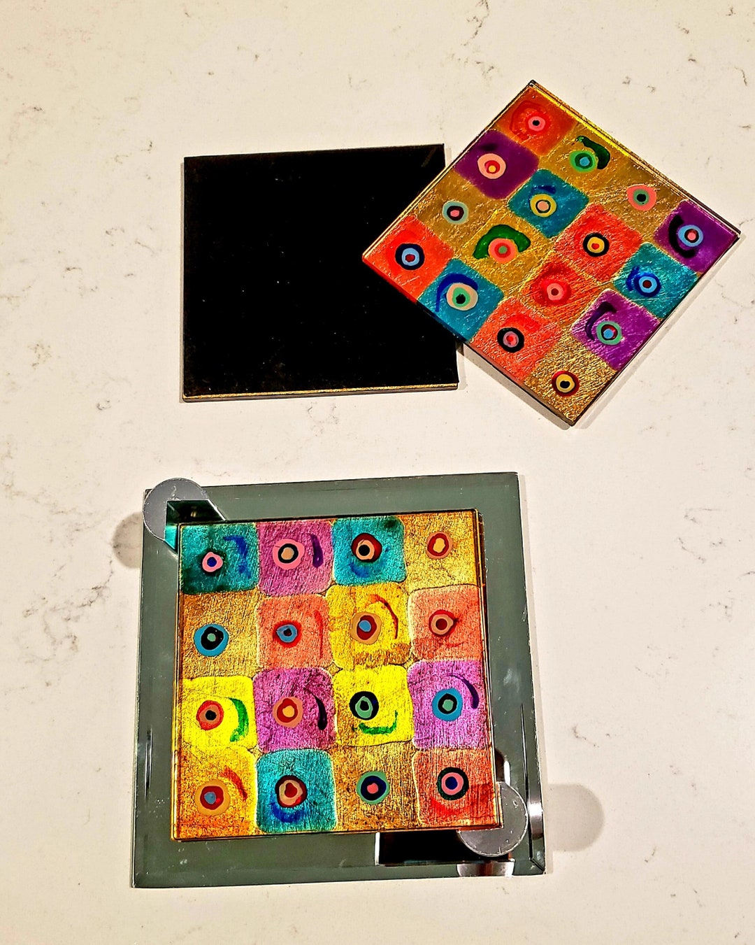 Set of 6 Retro Vintage Drink Coasters Color Circle Pattern, Heavy Glass ...