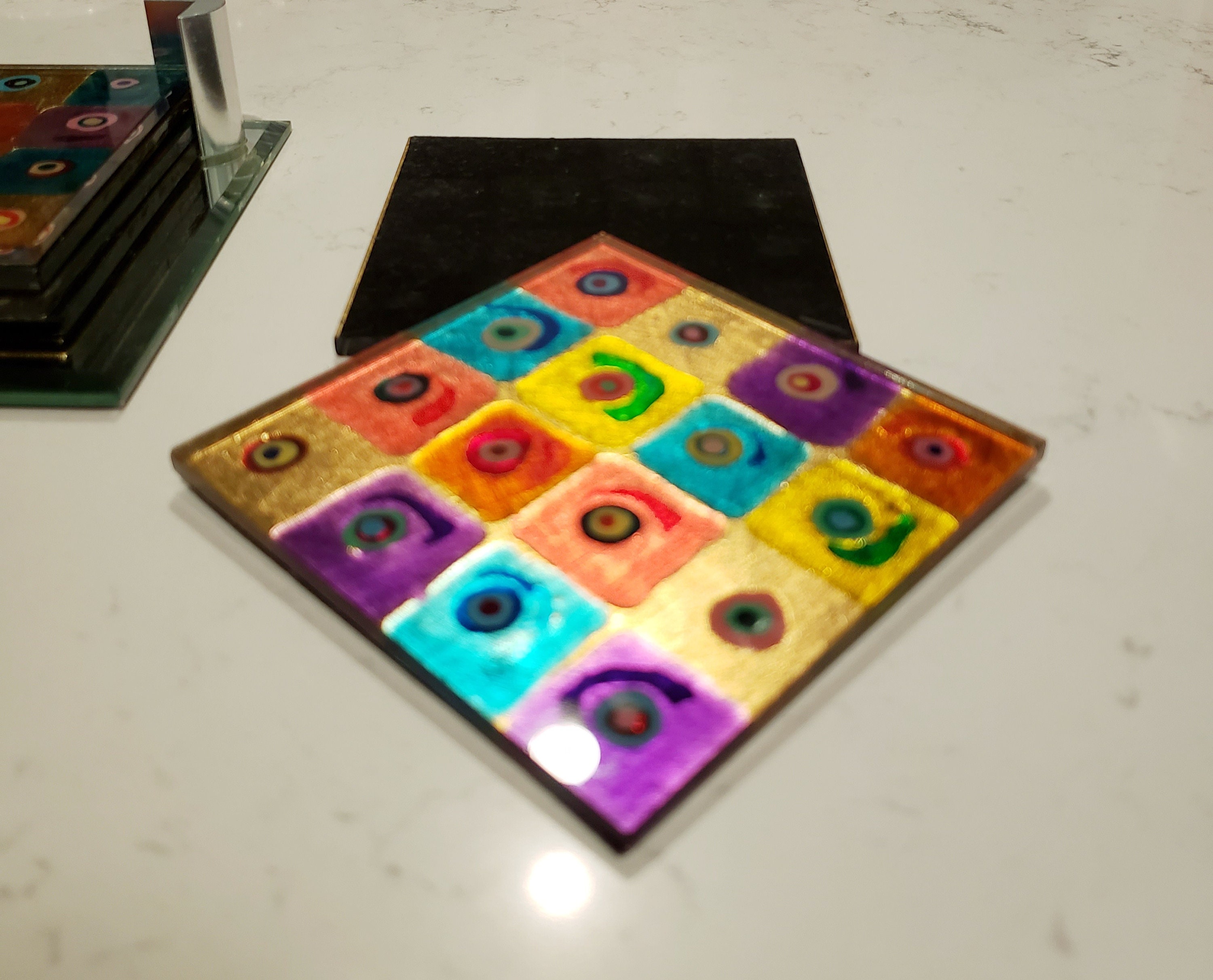 Set of 6 Retro Vintage Drink Coasters Color Circle Pattern, Heavy Glass ...