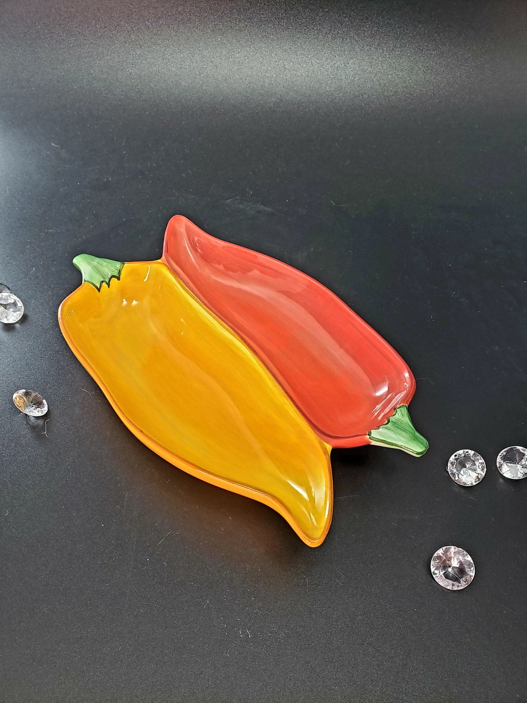 Vintage Clay Art Red and Golden Yellow Ceramic Chili Pepper Divided ...