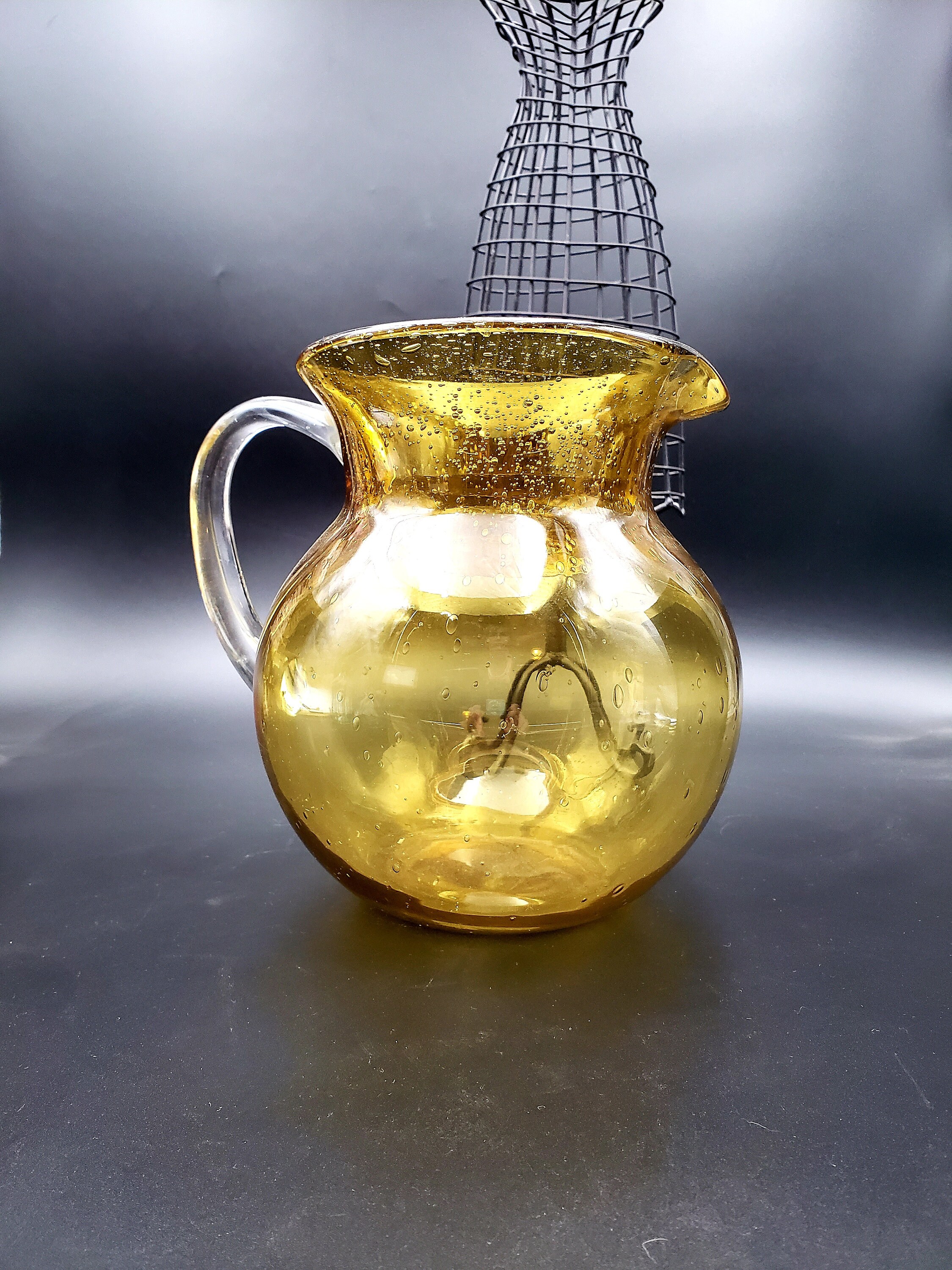 Vintage Hand Blown Amber Pitcher Art, Controlled Bubble Clear Handle - Etsy