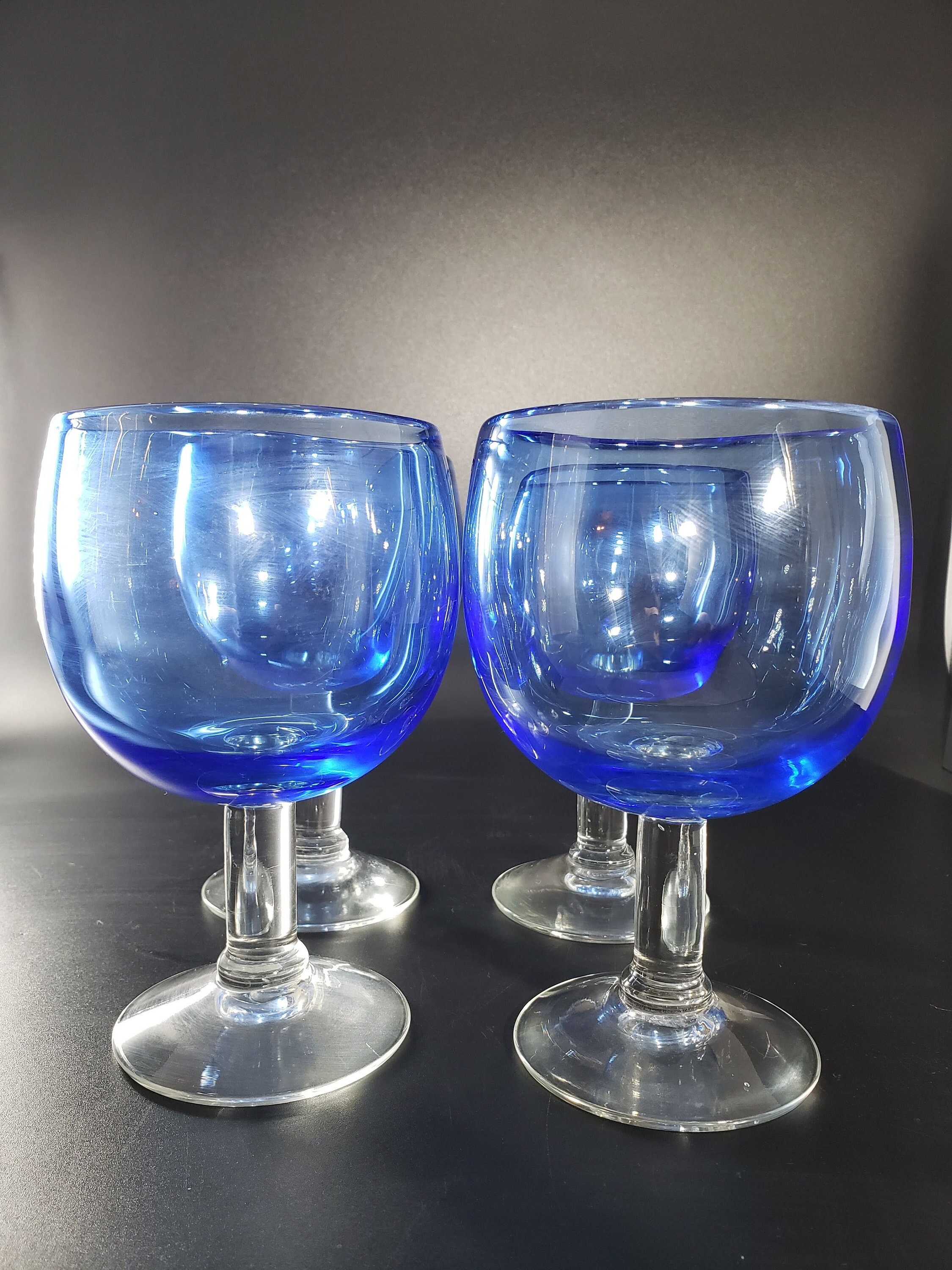 Set of 4 Vintage Light Cobalt Blue Glass Goblets With Clear Stems Hand ...