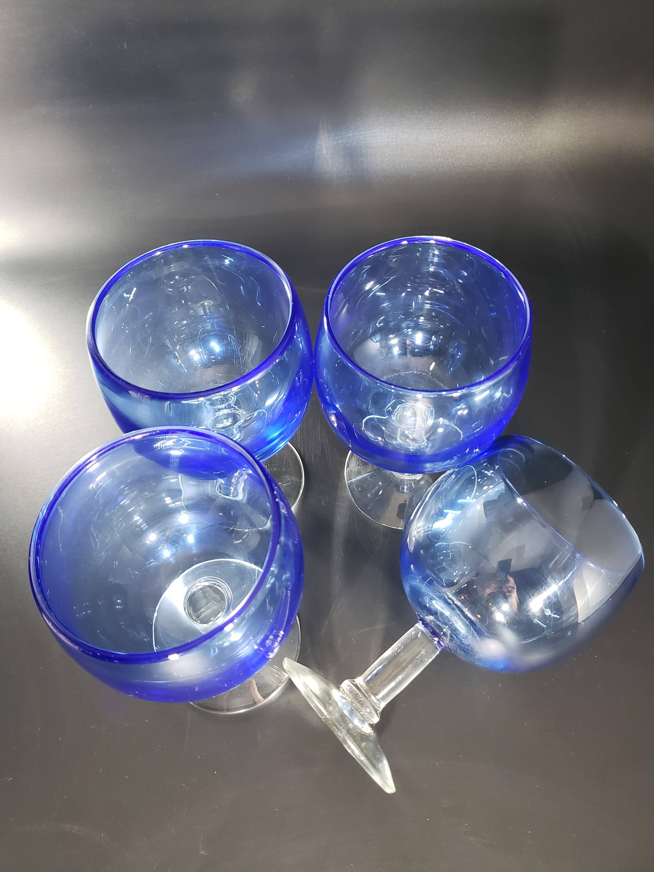 Set of 4 Vintage Light Cobalt Blue Glass Goblets With Clear Stems Hand ...