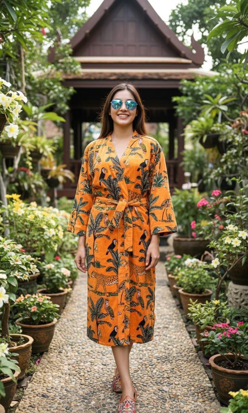 Jungle Printed Velvet Kimono Nightwear Robes Garden Wear Gown - Etsy