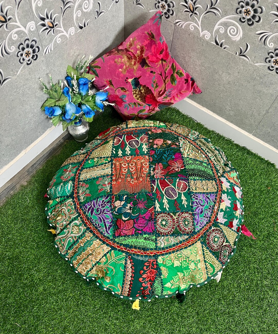 Green Large Floor Cushion Case Round Pillows Cover | Hippie Style Round ...