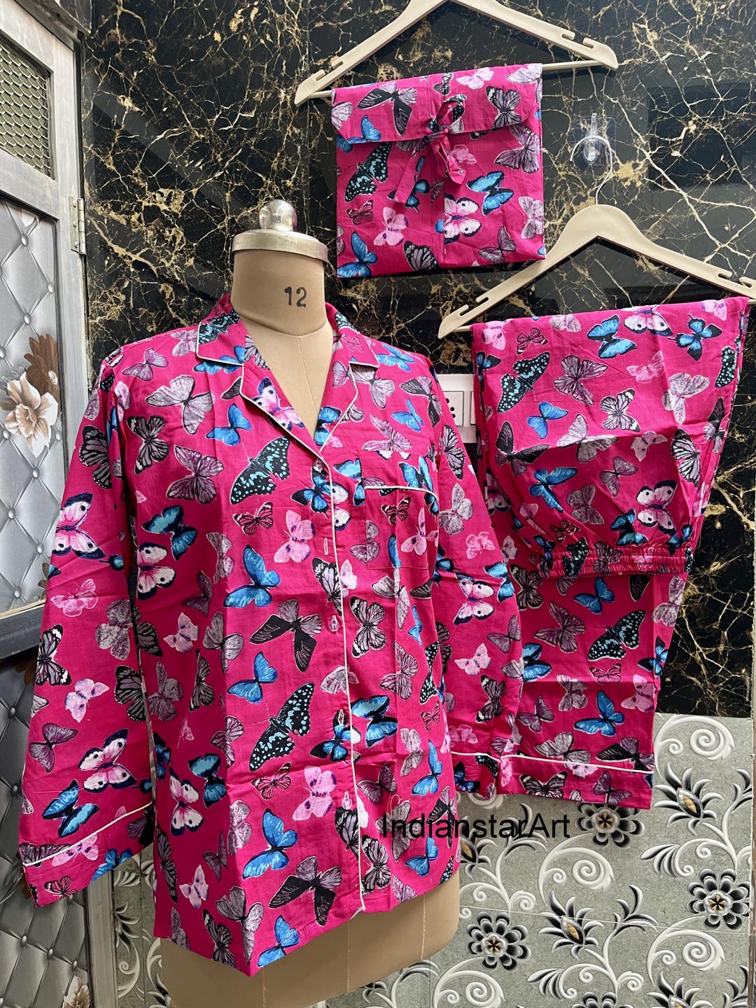 Pink Butterfly Pajama Set, Cotton PJ Set, Night Wear Soft Cotton Night ...