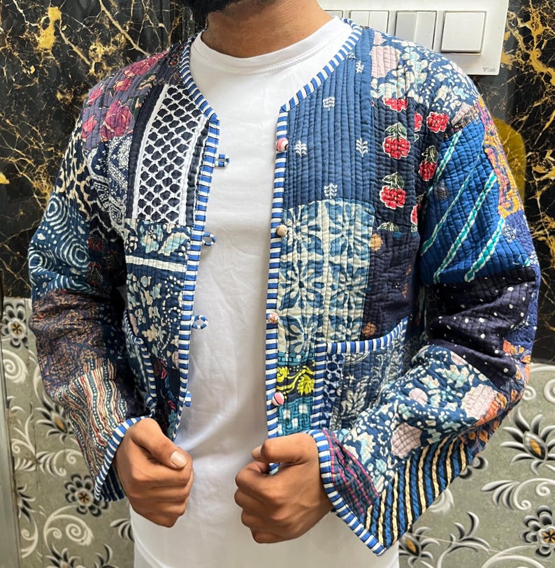 Indian Blue Patchwork Jackets, Handmade Quilted Reversible Coats, All ...