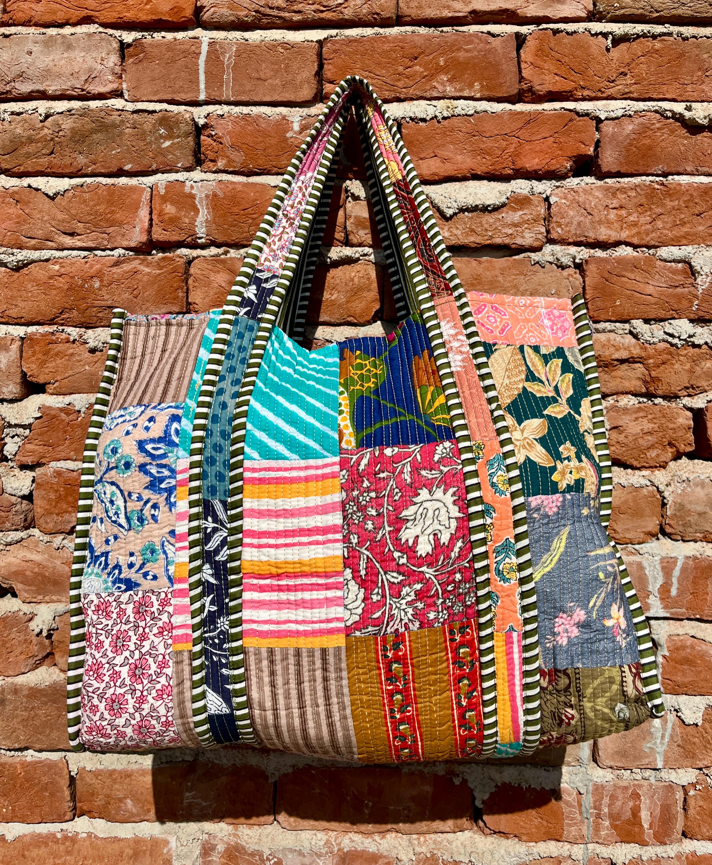 Multi Indian Handmade Patchwork Bag, Quilted Market Bag Hand Stitched ...