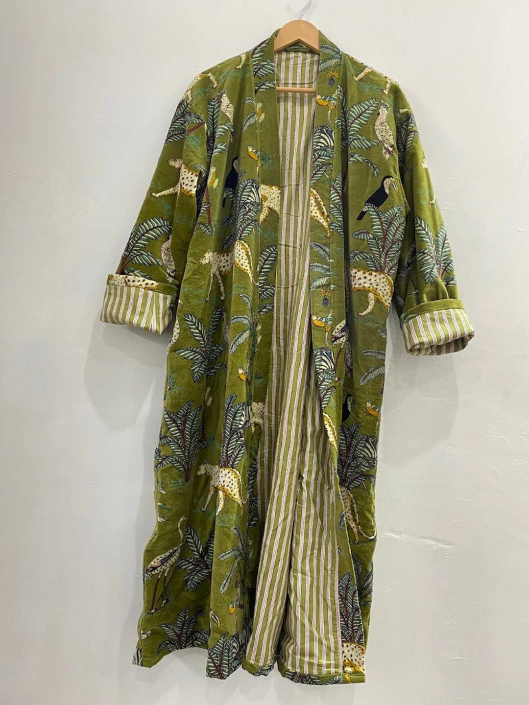 New Handmade Green Velvet Kimono Bath Robes Indian Gown Nightwear Maxi ...