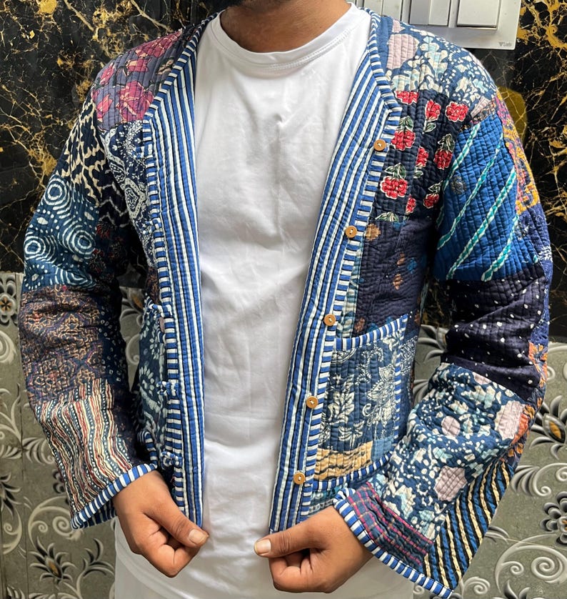 Indian Blue Patchwork Jackets, Handmade Quilted Reversible Coats, All ...