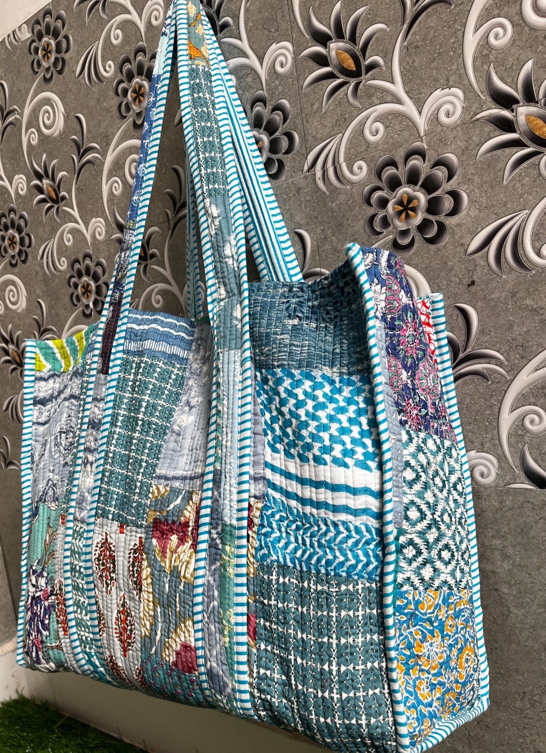 Turquoise Indian Handmade Patchwork Bag, Quilted Market Bag Hand ...