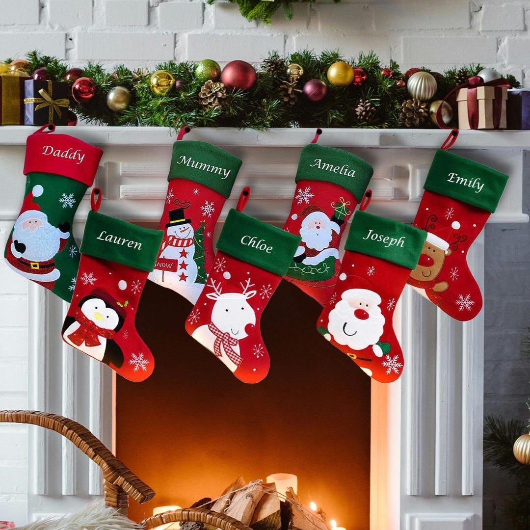 Personalised Embroidered Christmas Stocking Red Green Santa Snowman ...