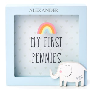 Personalised Money Box Frame Blue My First Pennies1st Piggy Bank Wooden ...