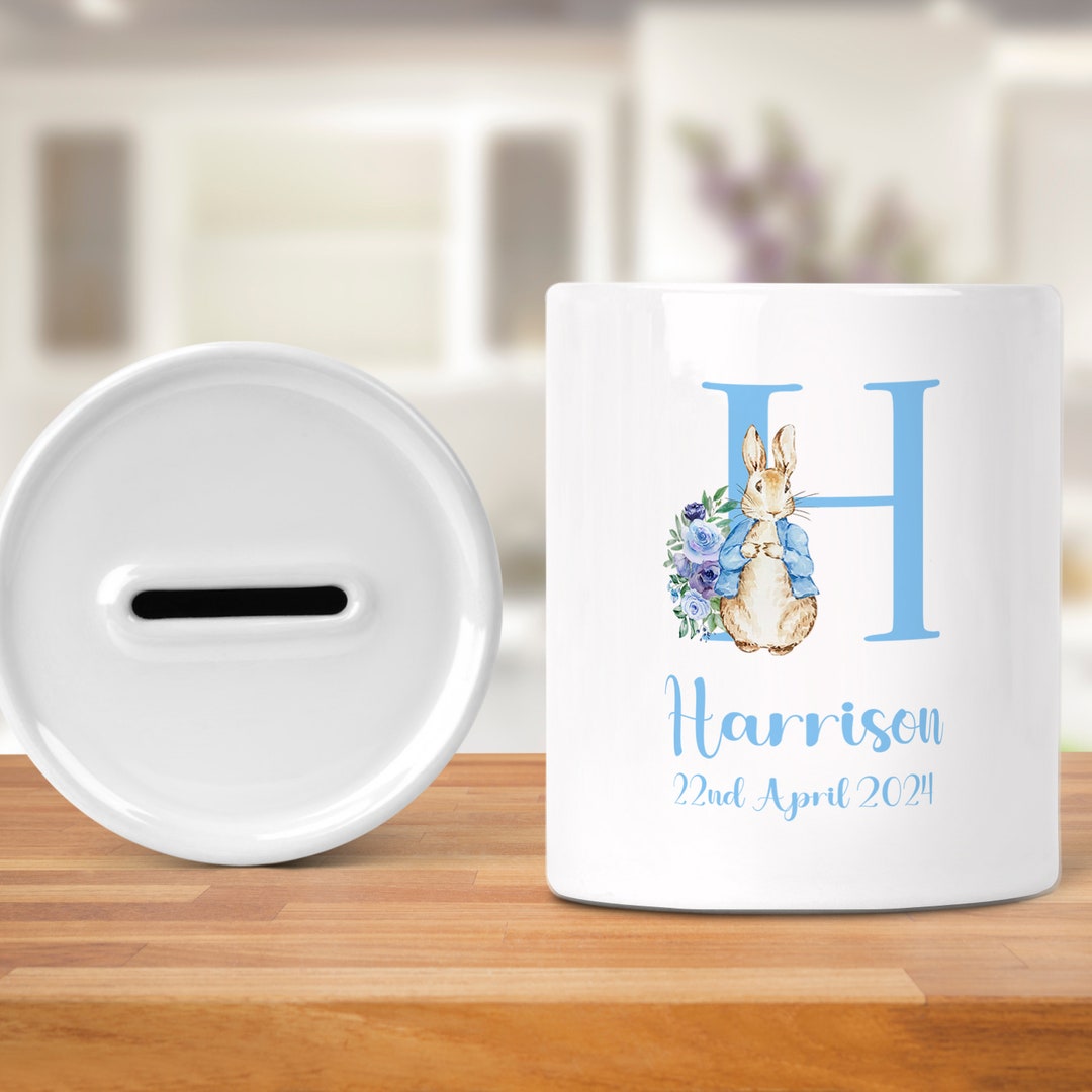 Personalised Baby Money Box Ceramic Bank Custom Keepsake Blue Bunny ...