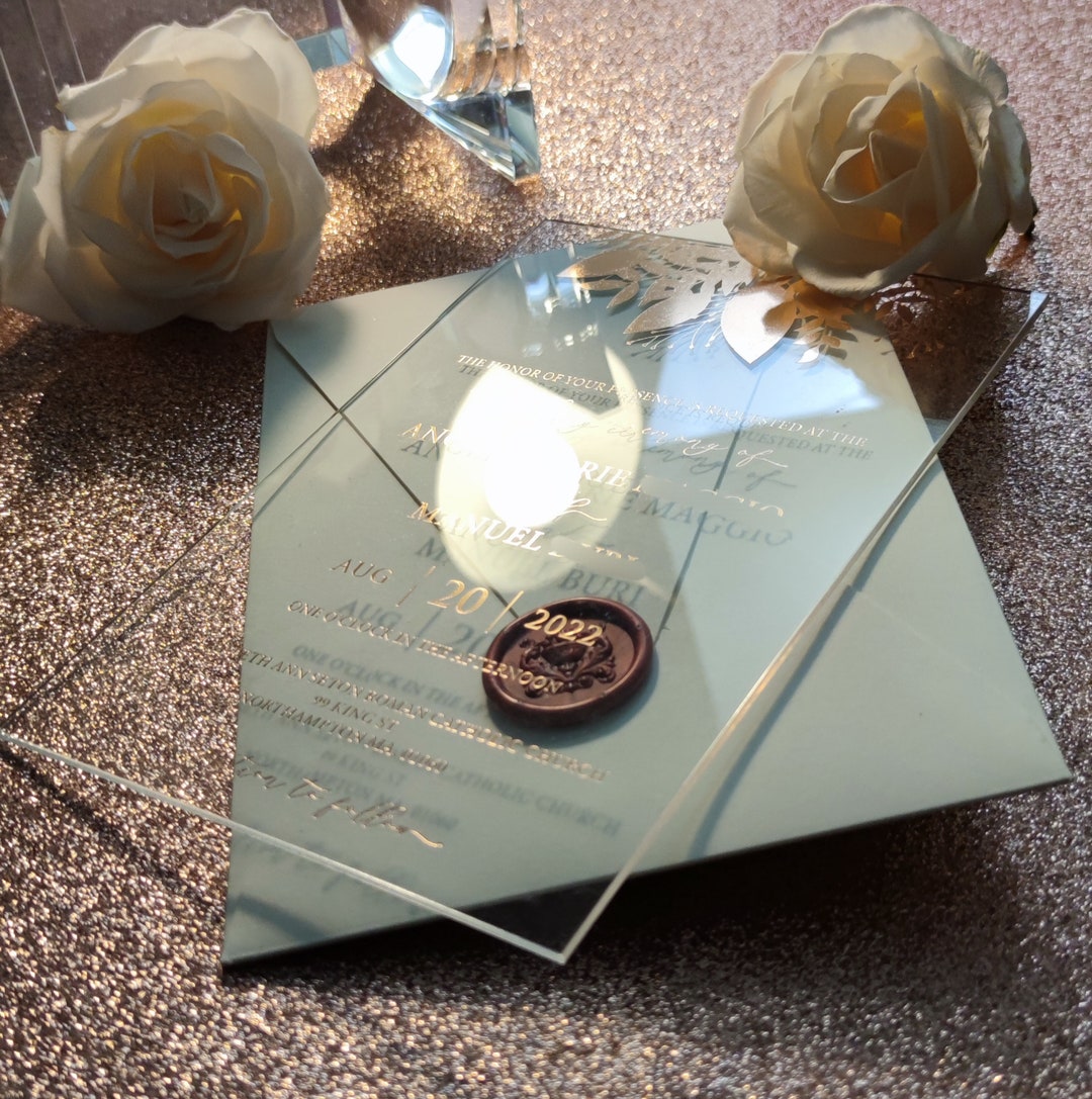 Wedding Invitations, Black Acrylic, Black Plexiglass, Gold Foil, Save ...