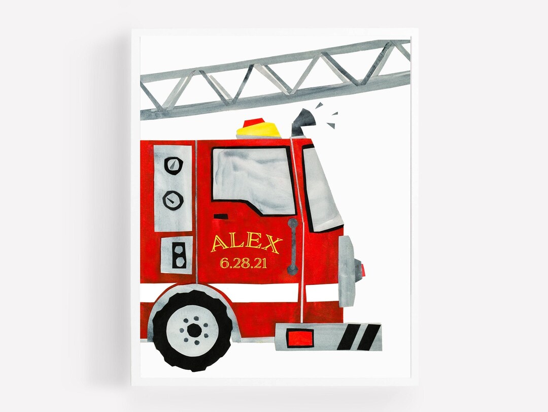 Fire Engine Personalized Art Print for Kids and Nursery, Custom Art ...