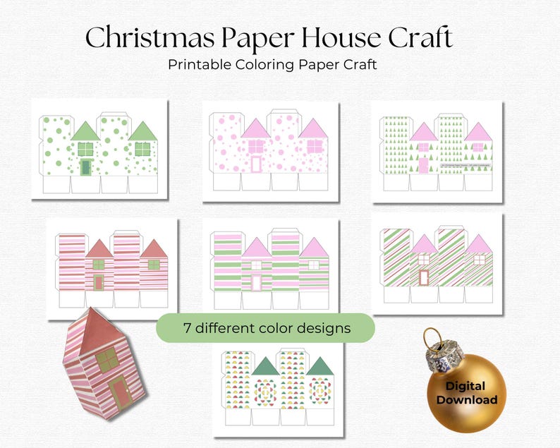 Christmas Paper Houses Printable, Bundle of 7 Color House and 6 Black ...