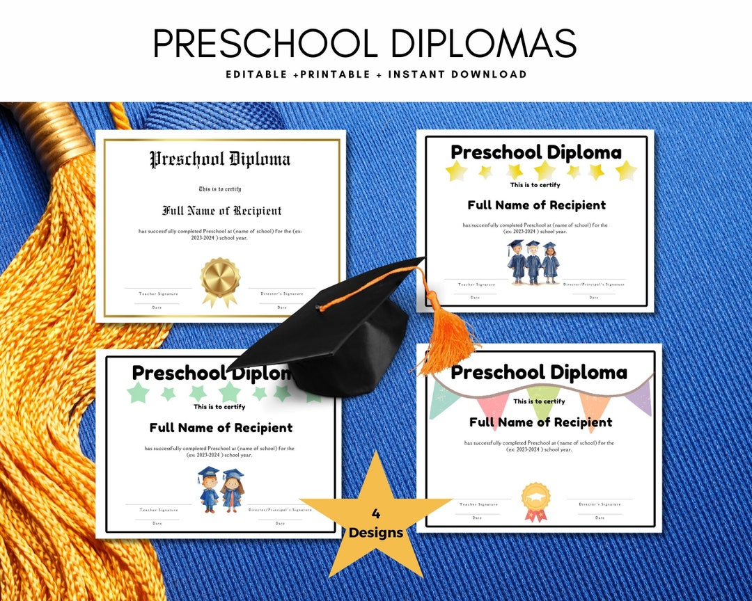Preschool Diploma, Preschool Graduation Diploma, Canva Template, End of ...