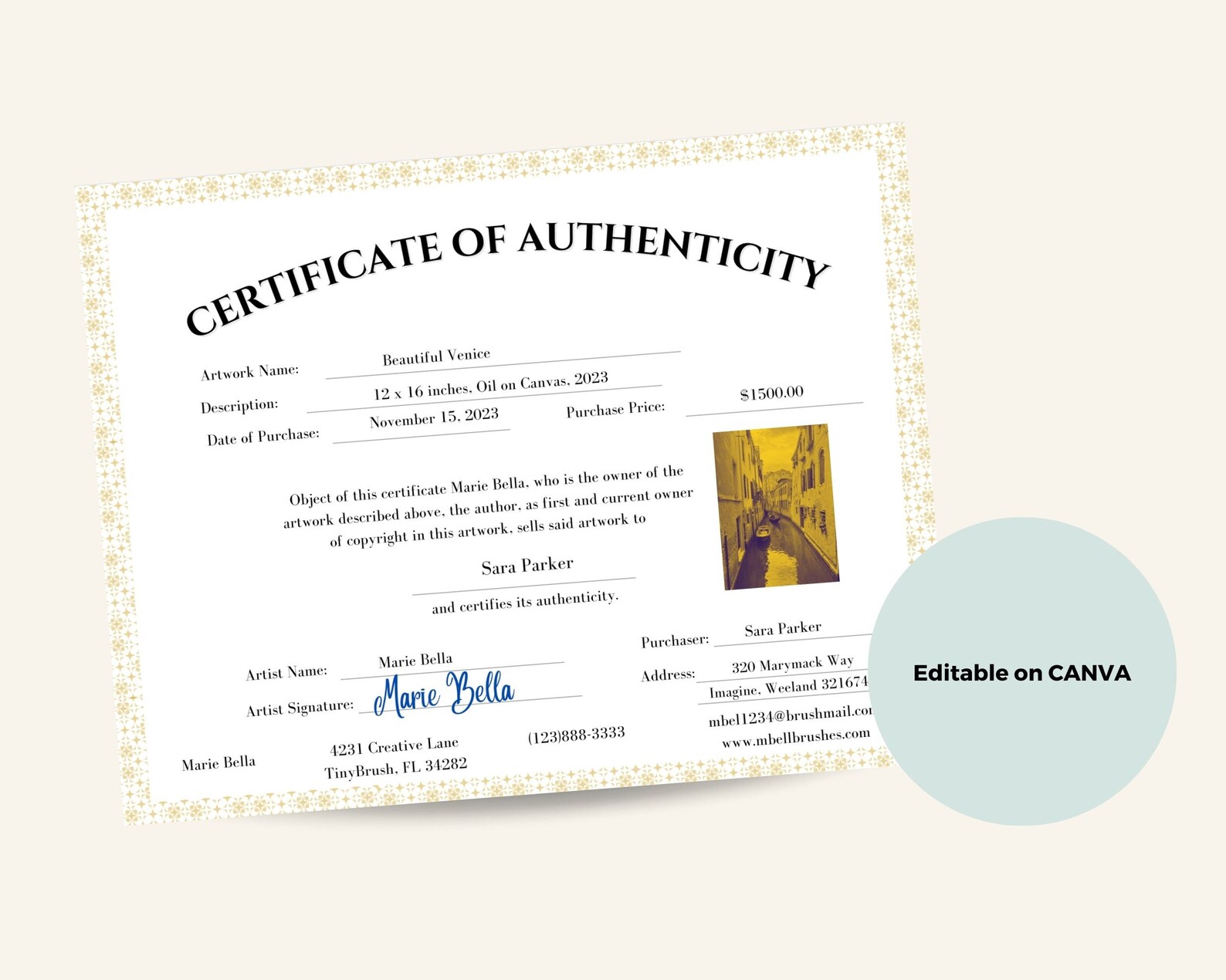 Artist Certificate of Authenticity Template: Editable CANVA File ...