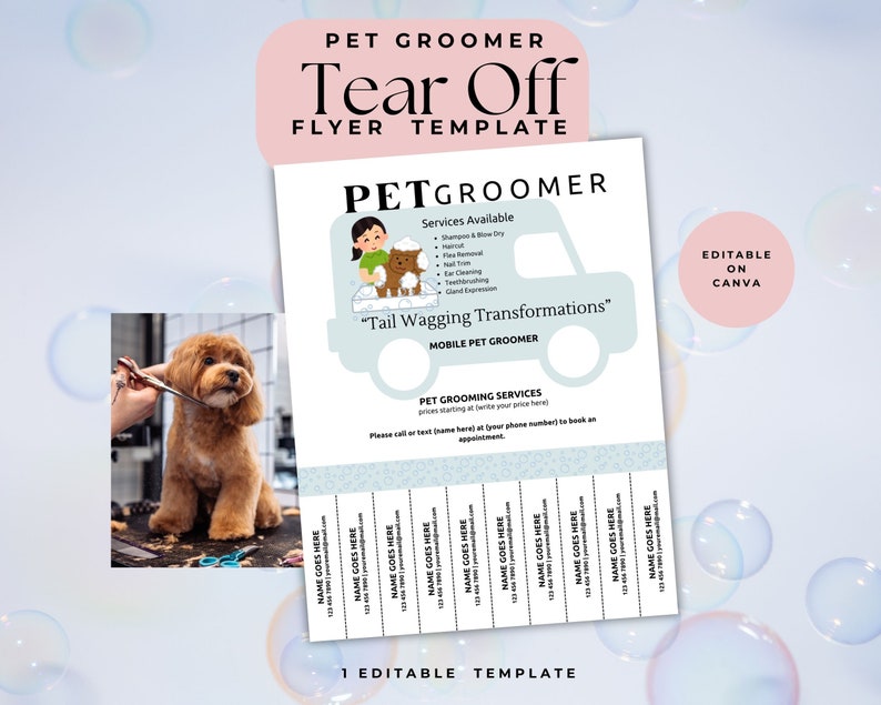 Pet Grooming Flyer, Pet Grooming Tear off Flyer, Canva Template, Dog ...