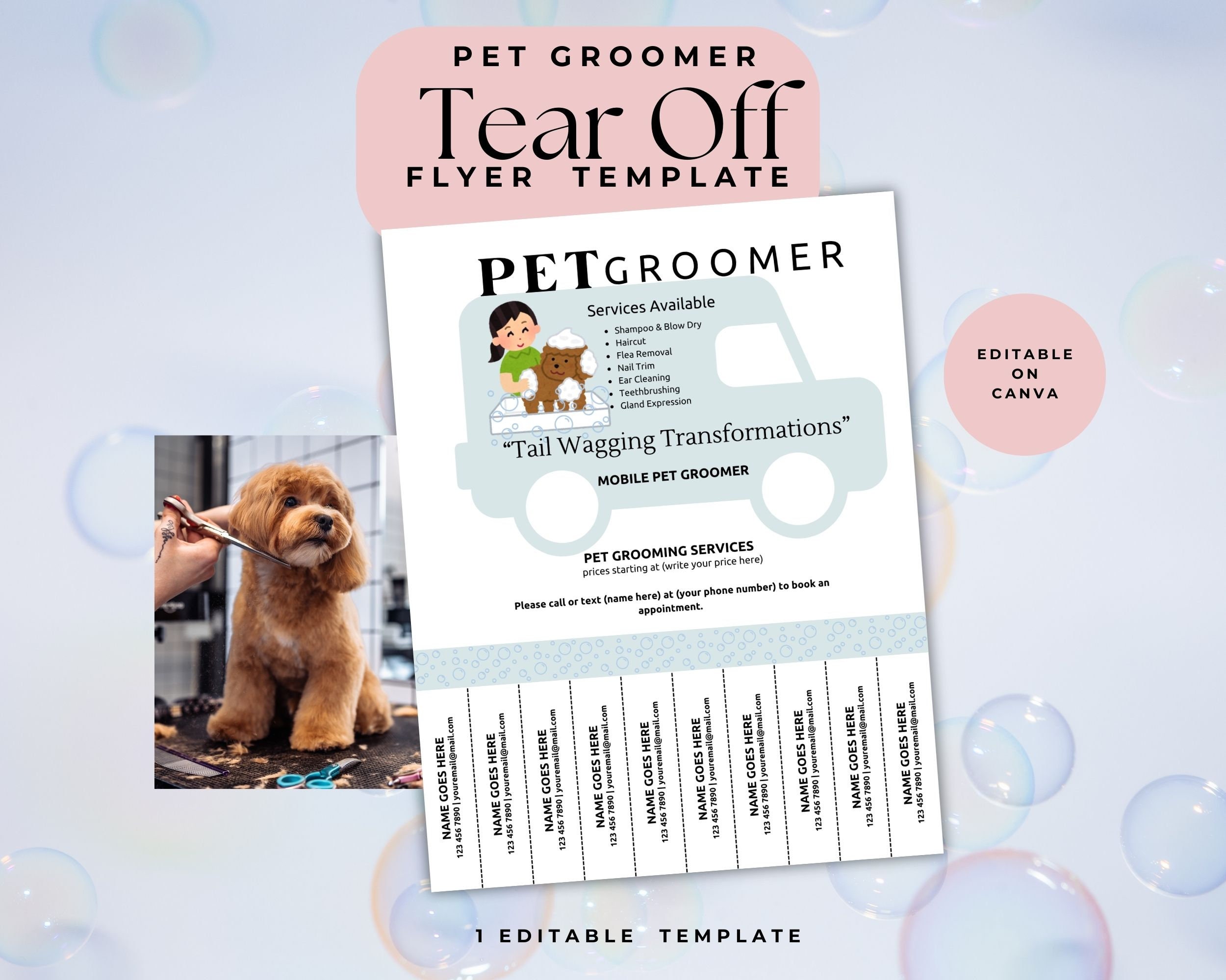 Pet Grooming Flyer, Pet Grooming Tear off Flyer, Canva Template, Dog ...