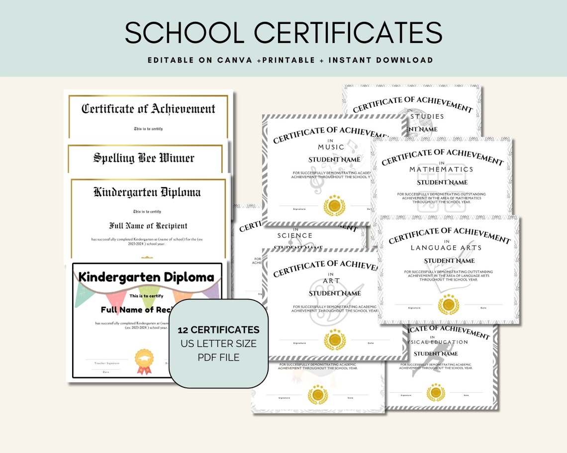 Printable School Awards: Kindergarten Diploma, Spelling Bee (canva ...