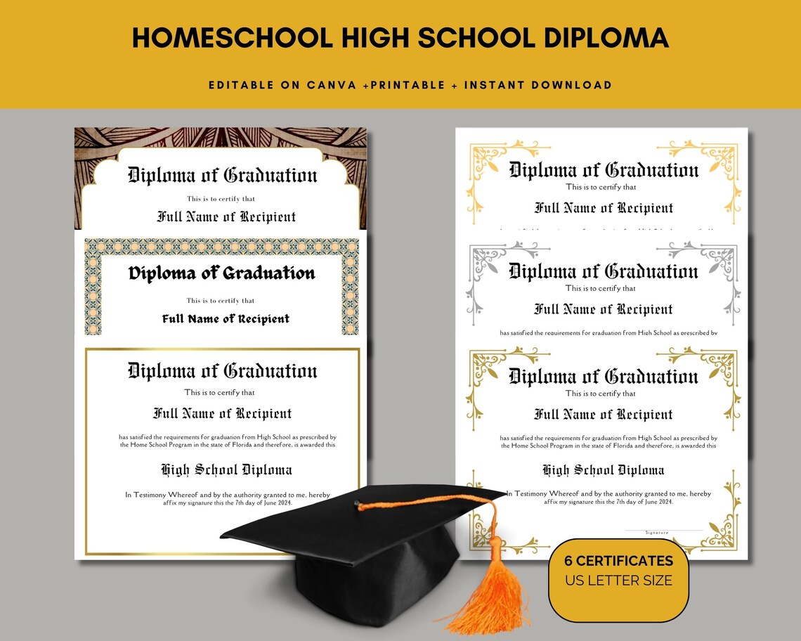 Homeschool High School Diploma Template: Editable Graduation Diplomas ...