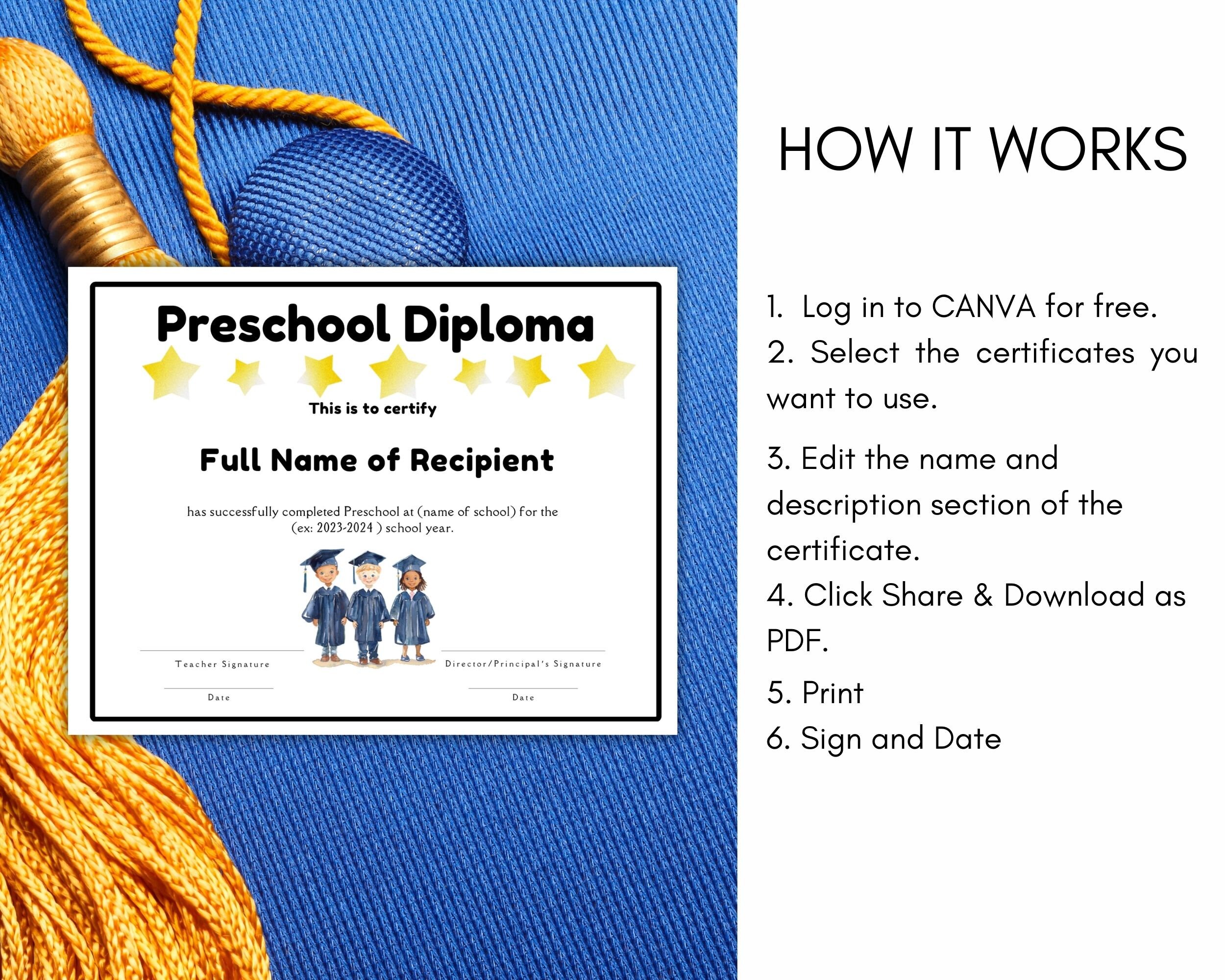 Preschool Graduation Diploma: Editable Canva Template (digital Download ...