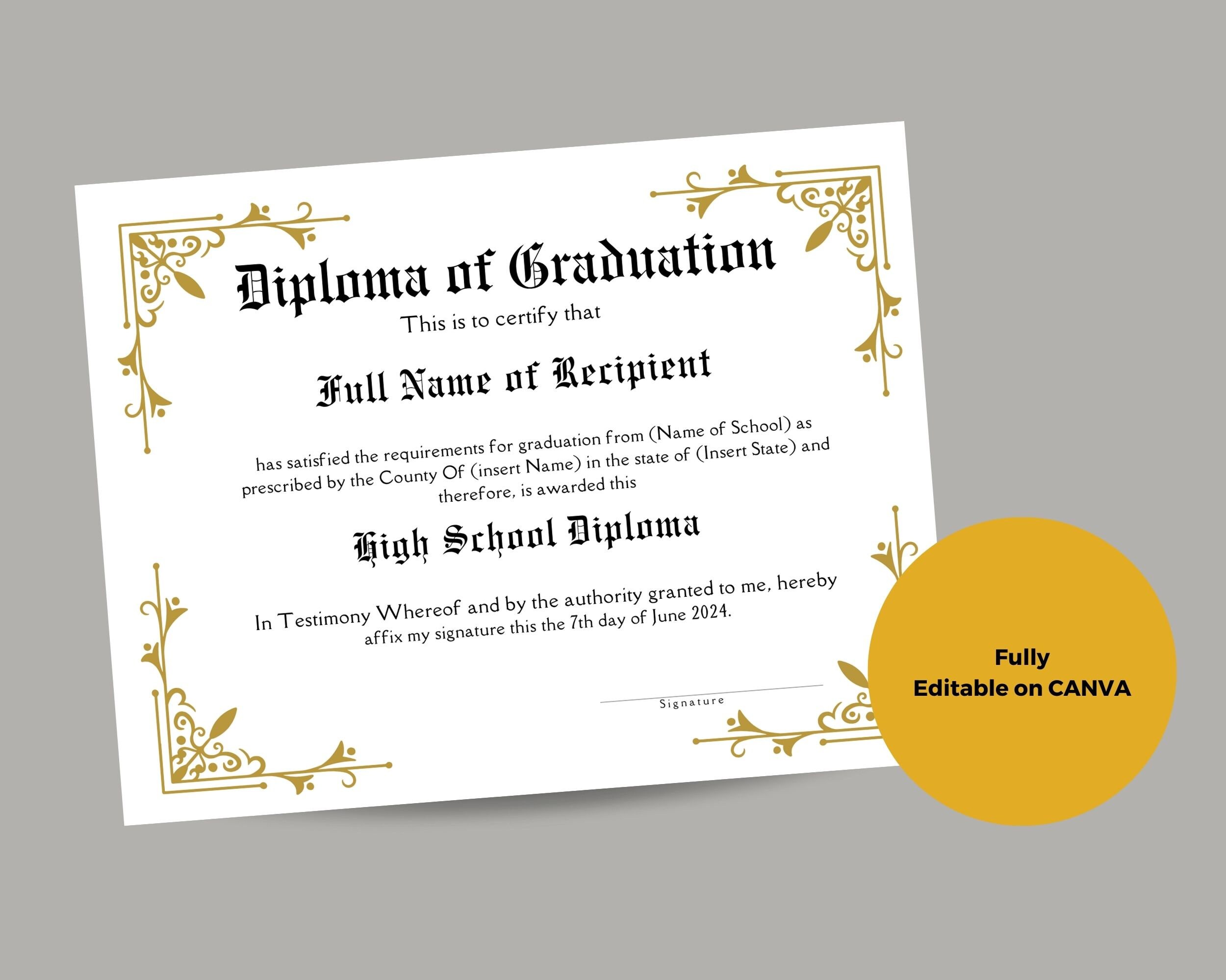 High School Diploma Printable, Canva Template, Editable Diplomas ...