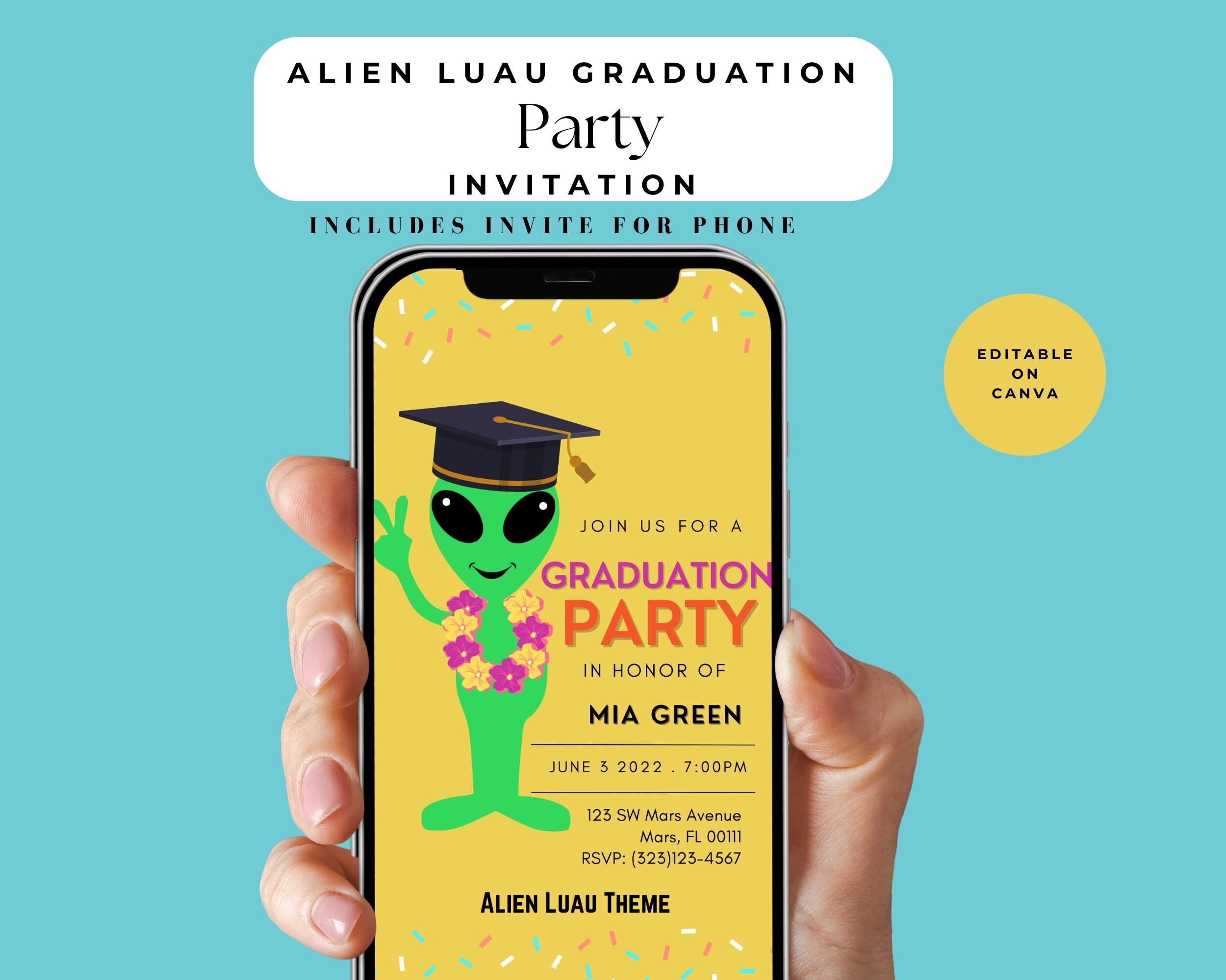 Alien Graduation Invitation, Alien Luau, Canva Editable Invitation ...