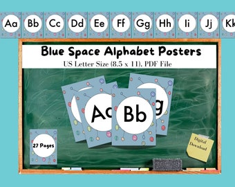 Alphabet Posters for Classroom, Navy Blue Decorations, Printable ...