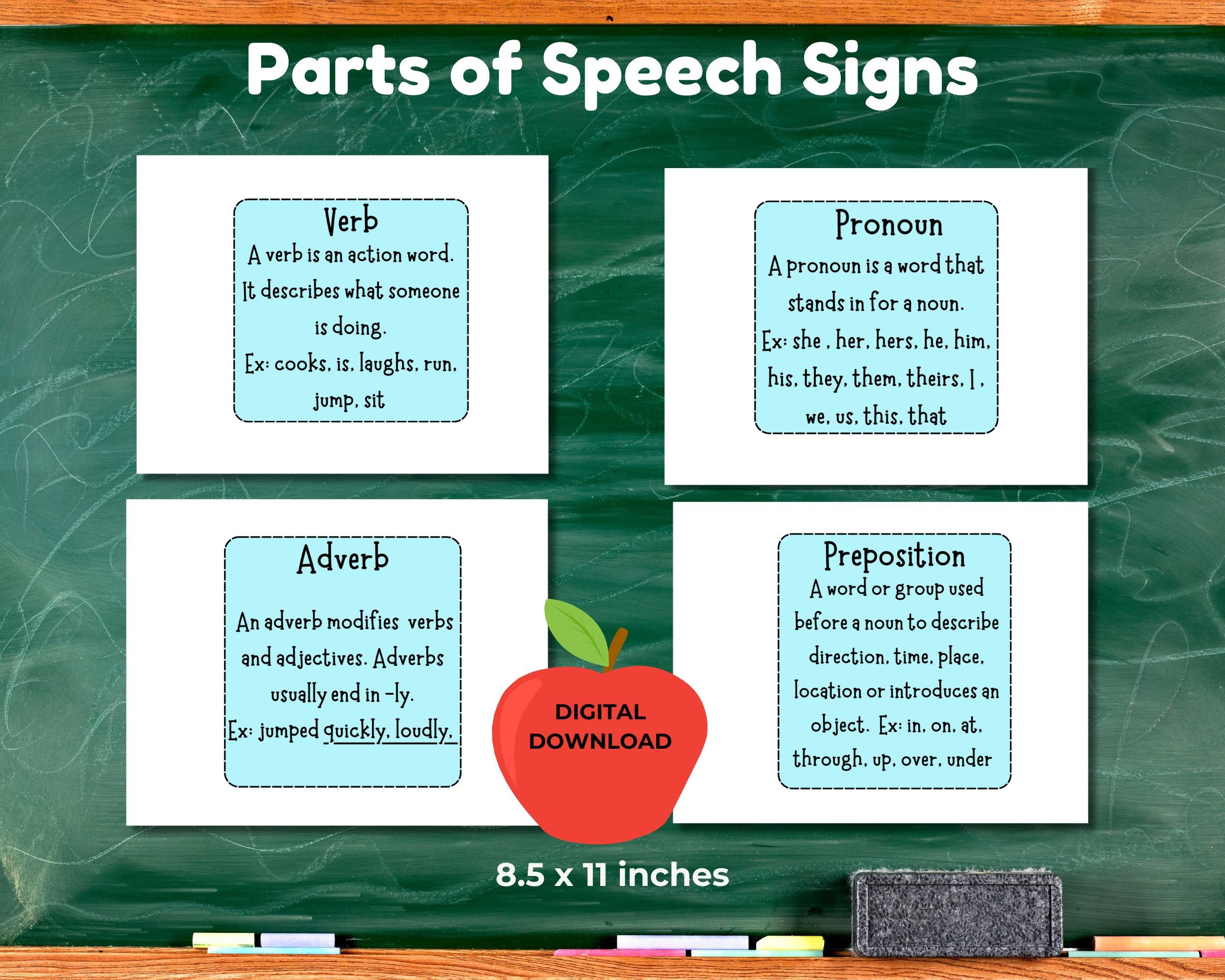 Parts of Speech Posters, Printable Classroom Poster, Language Arts ...