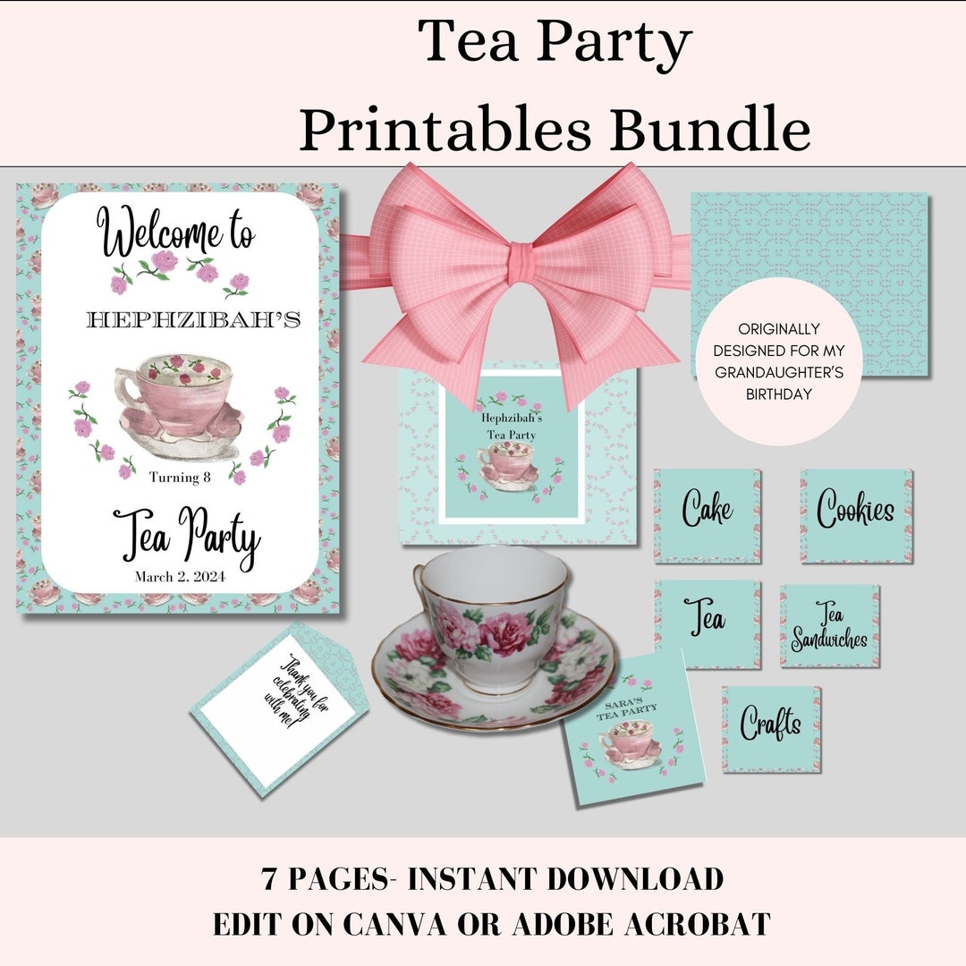 Grl's Tea Party Printable Set, Vintage Tea Party, CANVA Editable, Baby ...