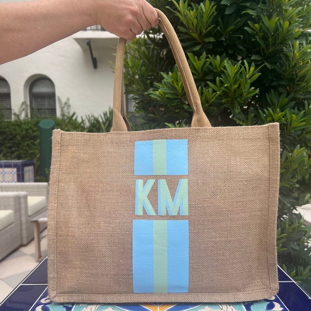 Striped Shadow Monogram Jute Tote Carryall Bag - Etsy