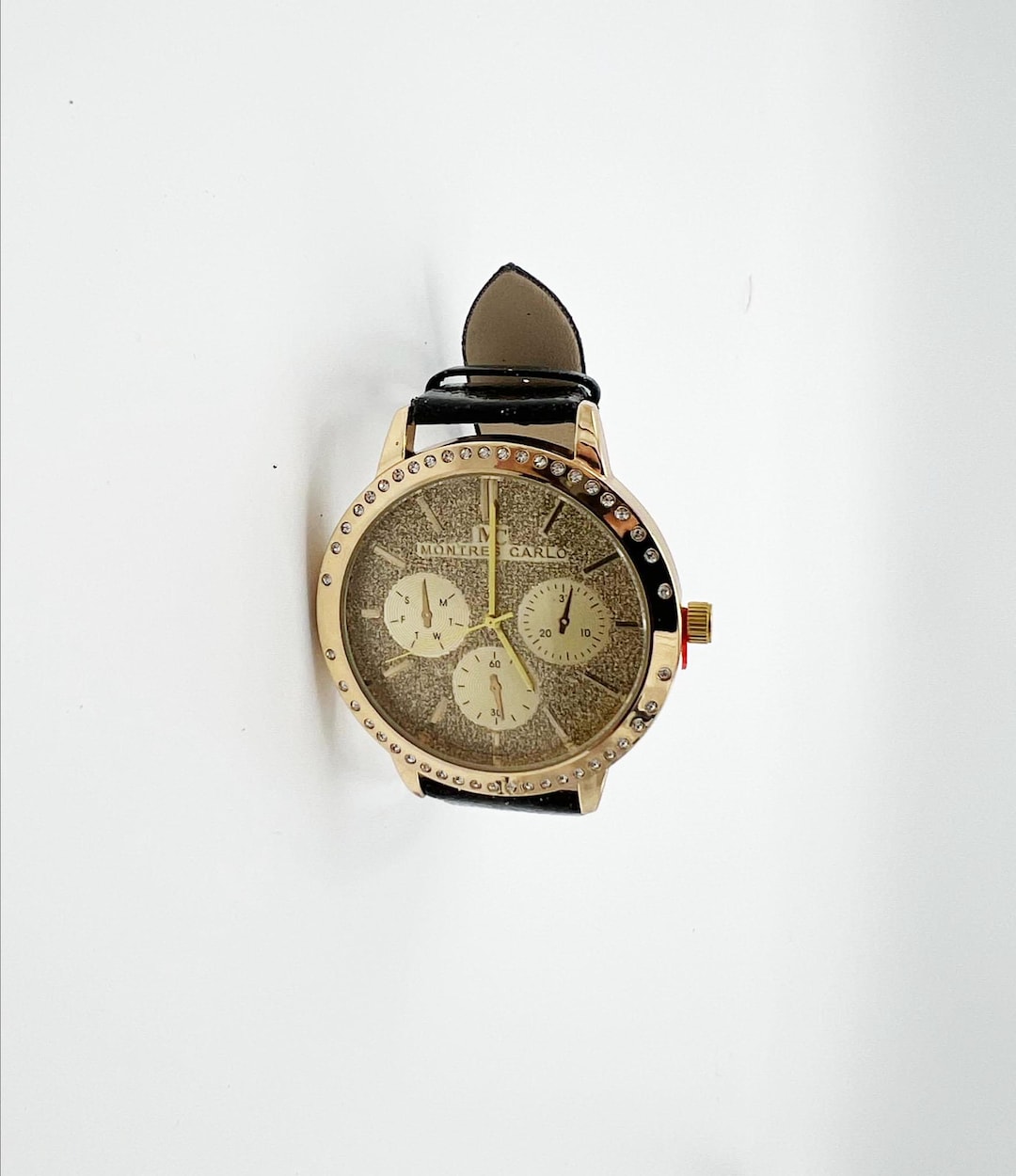 Men's Montres Carlo Sport Watch: Gold Tone Rhinestone Bezel, Black ...