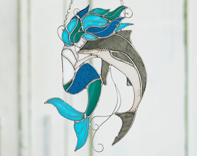 Mermaid Shark Suncatcher Stained Glass Nixie Decor Blue Water Nymph ...