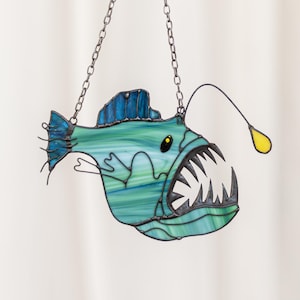 Anglerfish Suncatcher Stained Glass Decor Blue Home House Window Wall ...
