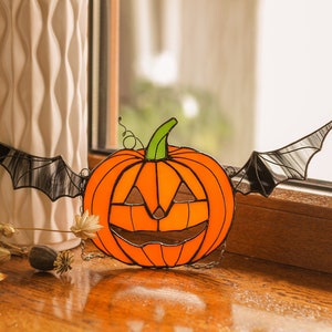 Halloween Pumpkin Suncatcher Stain Glass Bat Wings Orange Picture Home ...