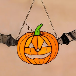Halloween Pumpkin Suncatcher Stain Glass Bat Wings Orange Picture Home ...